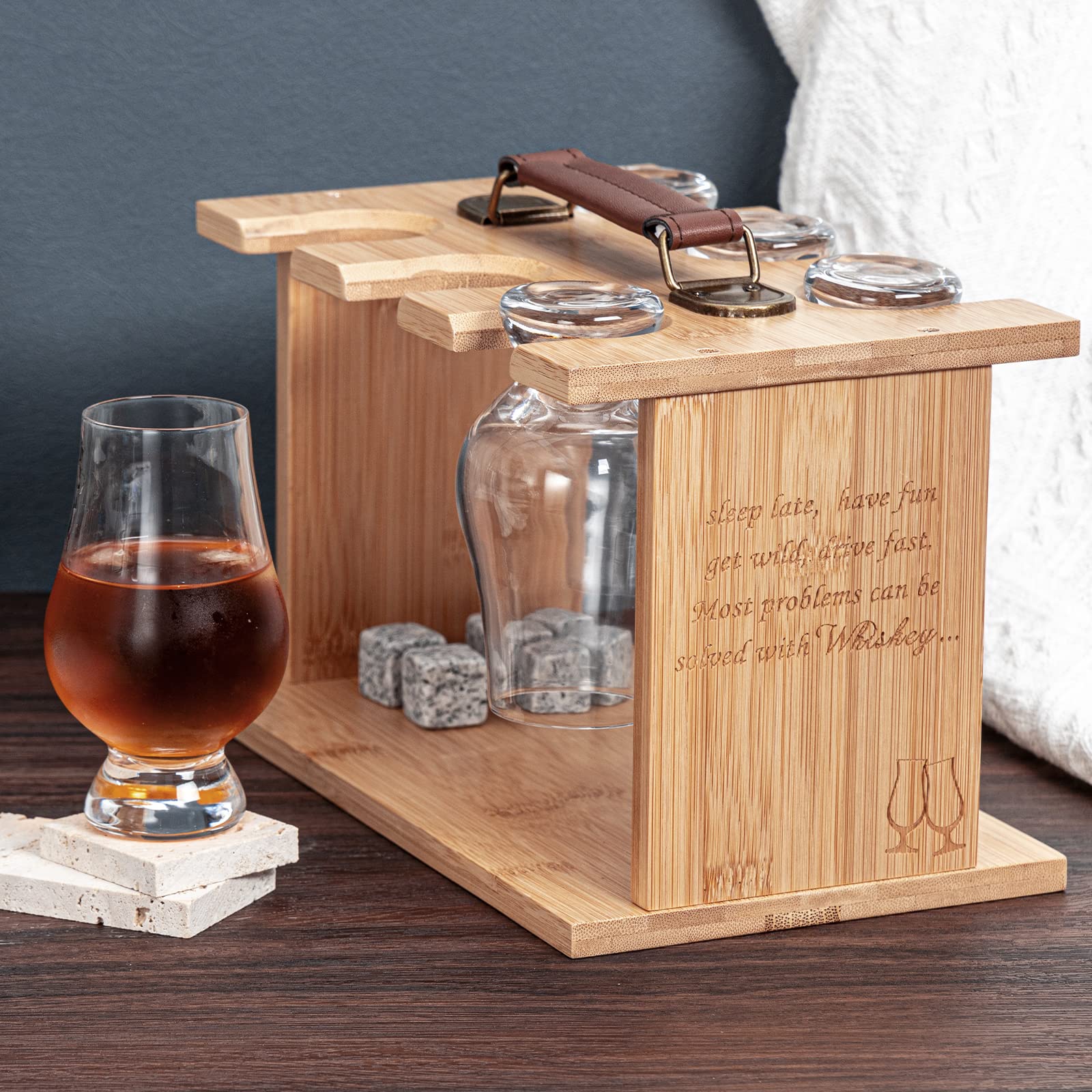 DOUDIZHU Bamboo Whisky Tasting Glass Rack- Compatible with Glencairn Whiskey Glasses Set of 6, Glassware Drying Holder Carrier Bourbon Whiskey Glasses Storage Organizer(Not Include Glasses)