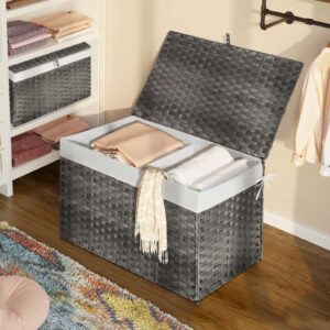 GREENSTELL Storage Basket with Lid, Handwoven Blanket Storage Basket with Cotton Liner and Metal Frame, Foldable & Easy to Install, Shelf Basket Bin with Handle for Bedroom, Laundry Room Grey 65L