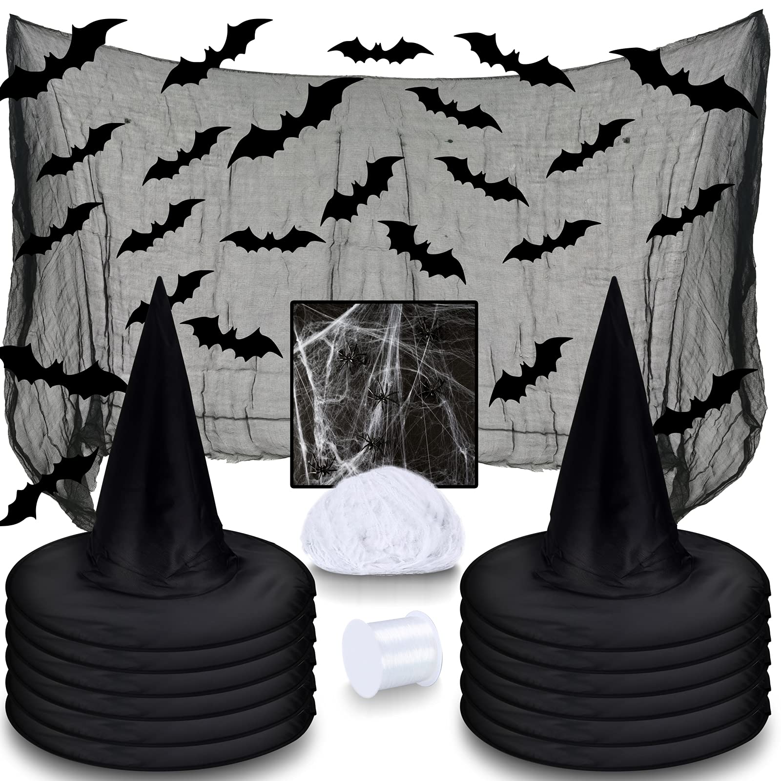 LINAYE Halloween Witch Hat XXL Kit - 12 PCS Black Witch Hats with Hanging Rope,16 PCS 3D Bat,Spider Web,Creepy Cloth Halloween Hanging Decoration Wizard Hats Halloween Decorations Decor