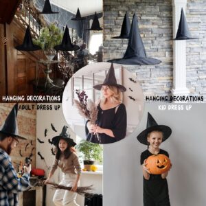 LINAYE Halloween Witch Hat XXL Kit - 12 PCS Black Witch Hats with Hanging Rope,16 PCS 3D Bat,Spider Web,Creepy Cloth Halloween Hanging Decoration Wizard Hats Halloween Decorations Decor