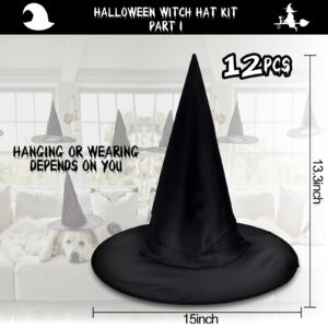 LINAYE Halloween Witch Hat XXL Kit - 12 PCS Black Witch Hats with Hanging Rope,16 PCS 3D Bat,Spider Web,Creepy Cloth Halloween Hanging Decoration Wizard Hats Halloween Decorations Decor