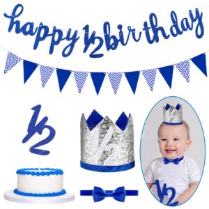 spakon glitter half birthday 6 months happy birthday banner set happy 1/2 birthday baby boy girl 1/2 half year cake topper triangle flag banner 1/2 birthday crown hat bow tie (dark blue)