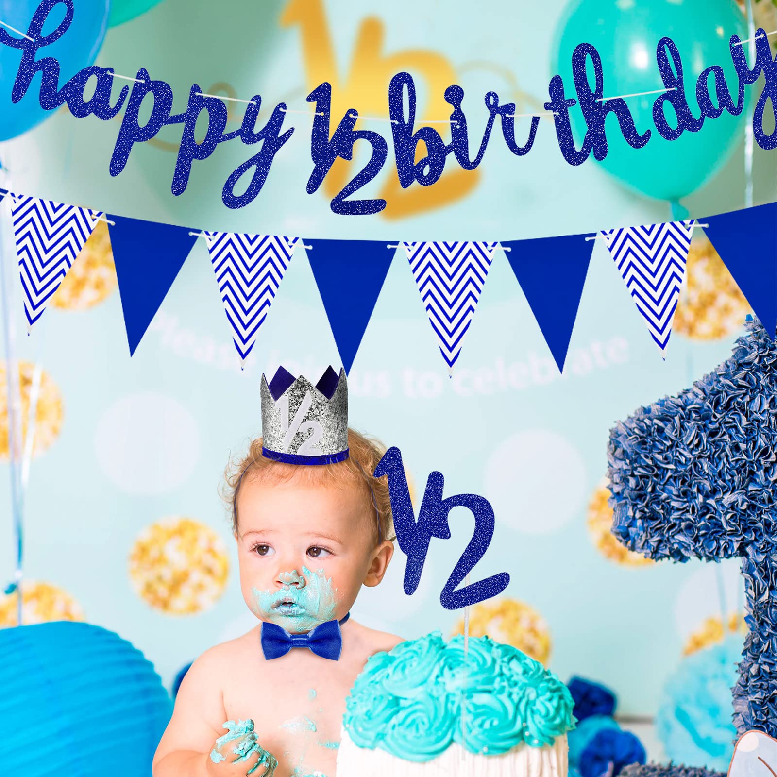 Spakon Glitter Half Birthday 6 Months Happy Birthday Banner Set Happy 1/2 Birthday Baby Boy Girl 1/2 Half Year Cake Topper Triangle Flag Banner 1/2 Birthday Crown Hat Bow Tie (Dark Blue)