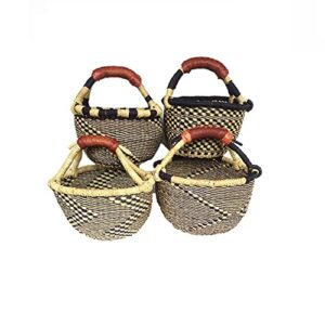 the african home goods market basket, handmade in ghana by women artisans, natural + navy color: midnight + natural 1 ea (small: 9inch-11inch), mid night & natural