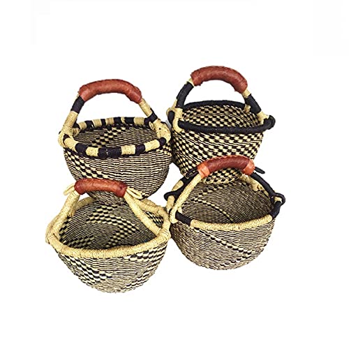 The African Home Goods Market Basket, Handmade in Ghana by Women Artisans, Natural + Navy Color: Midnight + Natural 1 EA (SMALL: 9Inch-11Inch), Mid night & Natural