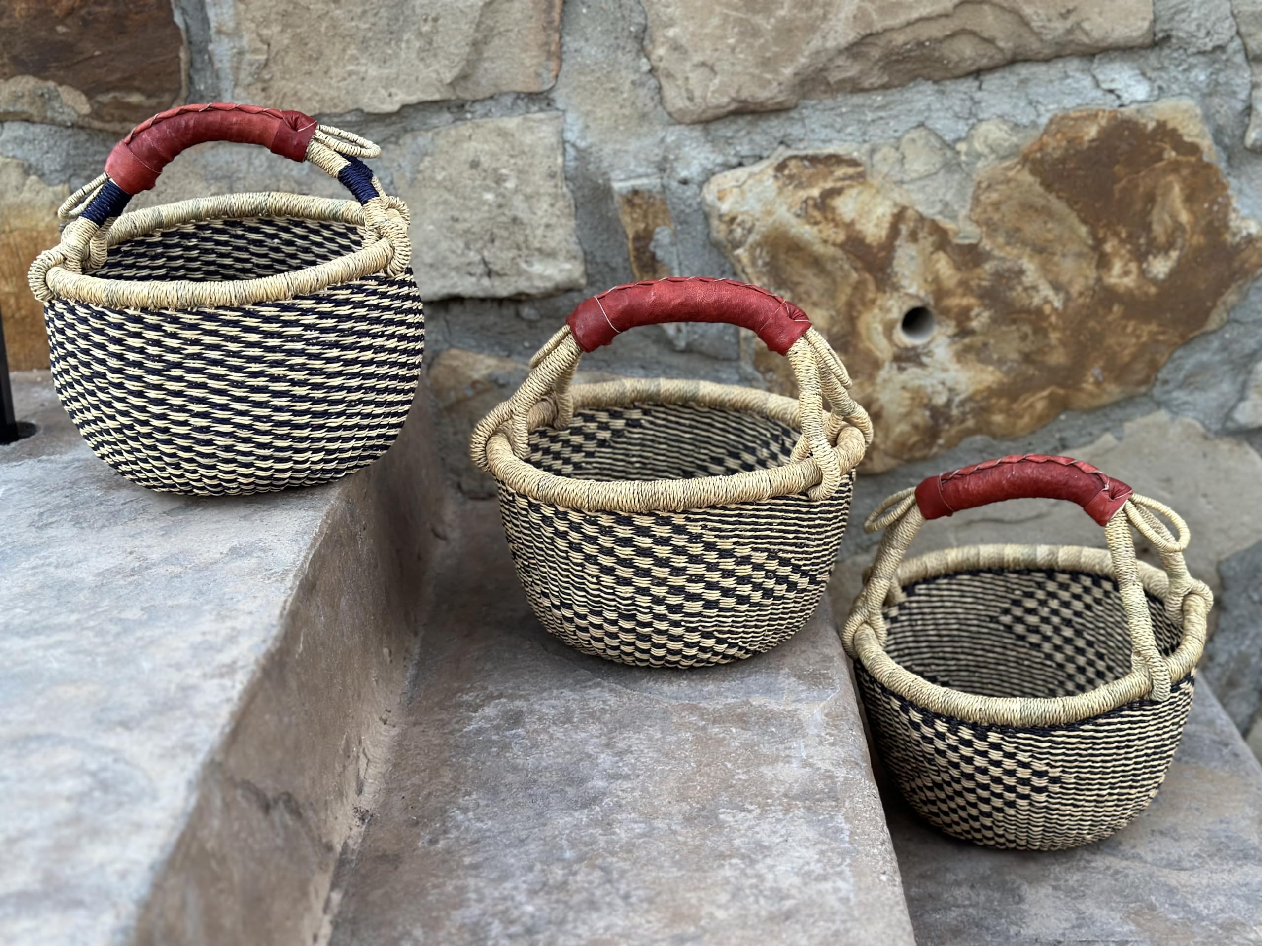 The African Home Goods Market Basket, Handmade in Ghana by Women Artisans, Natural + Navy Color: Midnight + Natural 1 EA (SMALL: 9Inch-11Inch), Mid night & Natural