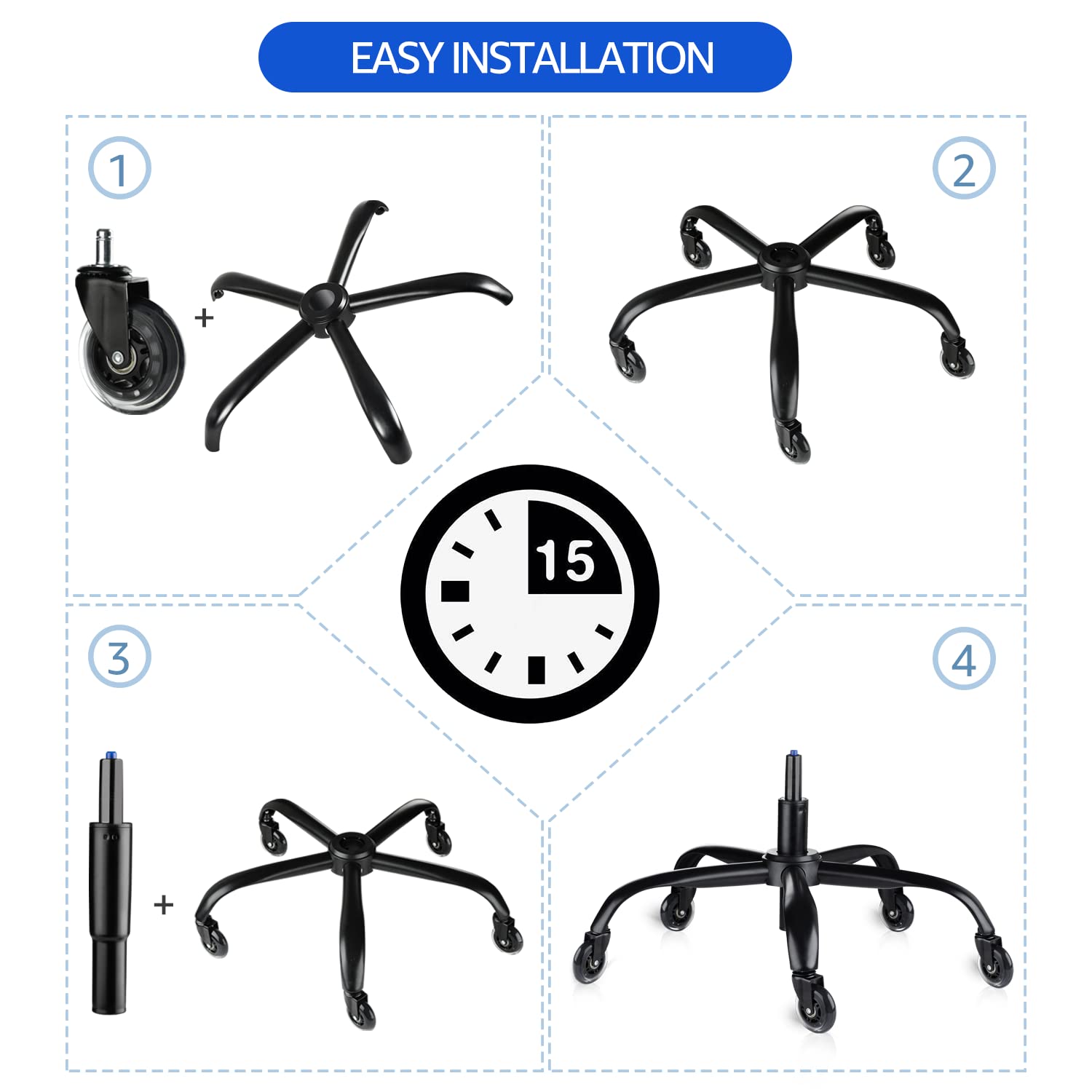 Mastery Mart Office Chair Base Replacement Bundles, Heavy Duty 352LBs, Reinforced to Repair Swivel Gaming Chair Bottom Part with 5 Premium Caster Wheels and Gas Lift Cylinder, 4.7'' Length Extension