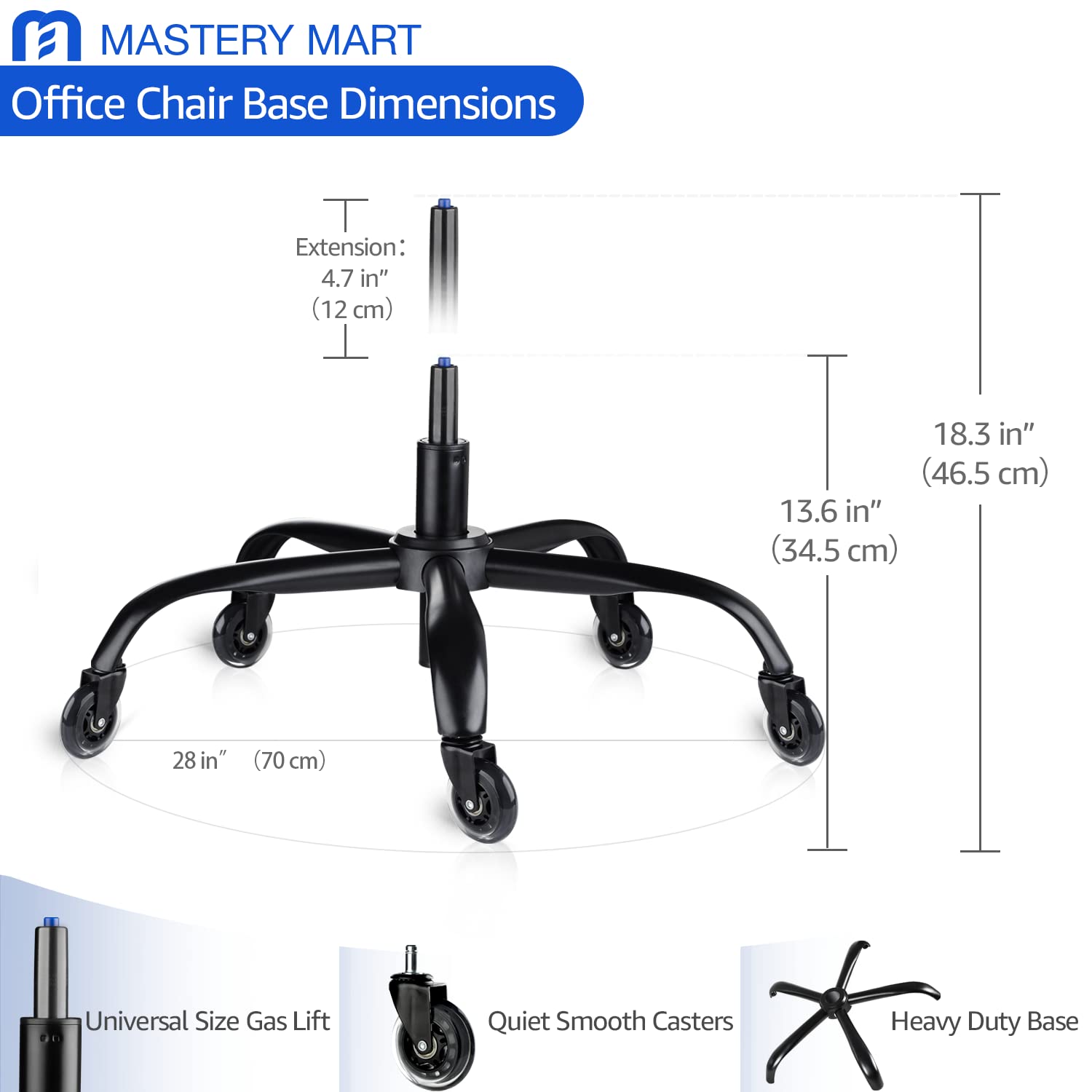 Mastery Mart Office Chair Base Replacement Bundles, Heavy Duty 352LBs, Reinforced to Repair Swivel Gaming Chair Bottom Part with 5 Premium Caster Wheels and Gas Lift Cylinder, 4.7'' Length Extension