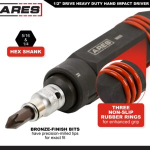 ARES 10027 – 1/2-Inch Drive Heavy Duty Hex Grip Impact Driver – 1/4-Inch & 5/16-Inch Bit Chucks – S2 Bits – Slotted 3/16, 1/4, 5/16, 3/8 Inch Bits – Phillips PH1, PH2, & PH3 Bits - T20, T25 Bits