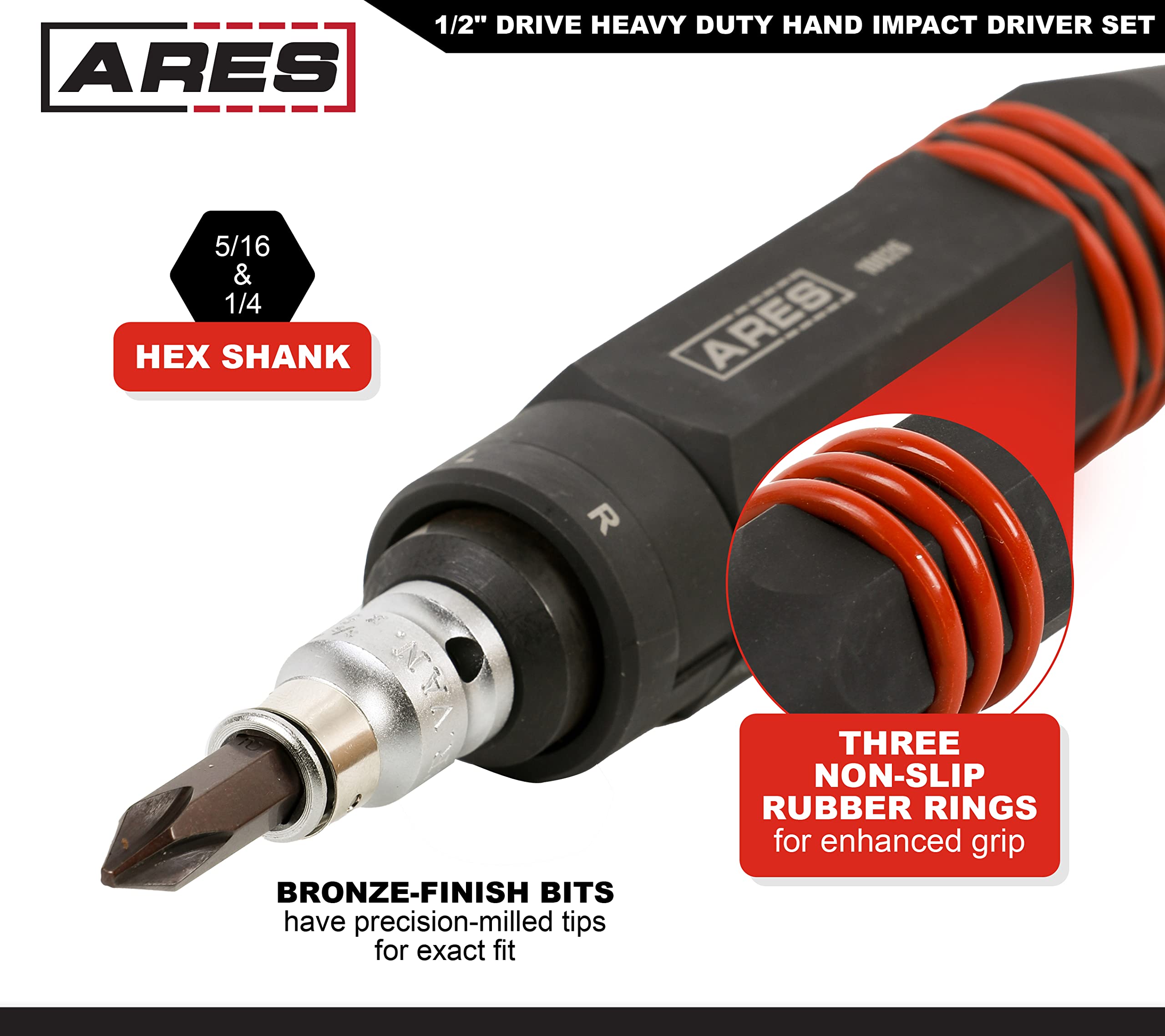 ARES 10027 – 1/2-Inch Drive Heavy Duty Hex Grip Impact Driver – 1/4-Inch & 5/16-Inch Bit Chucks – S2 Bits – Slotted 3/16, 1/4, 5/16, 3/8 Inch Bits – Phillips PH1, PH2, & PH3 Bits - T20, T25 Bits