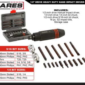 ARES 10027 – 1/2-Inch Drive Heavy Duty Hex Grip Impact Driver – 1/4-Inch & 5/16-Inch Bit Chucks – S2 Bits – Slotted 3/16, 1/4, 5/16, 3/8 Inch Bits – Phillips PH1, PH2, & PH3 Bits - T20, T25 Bits