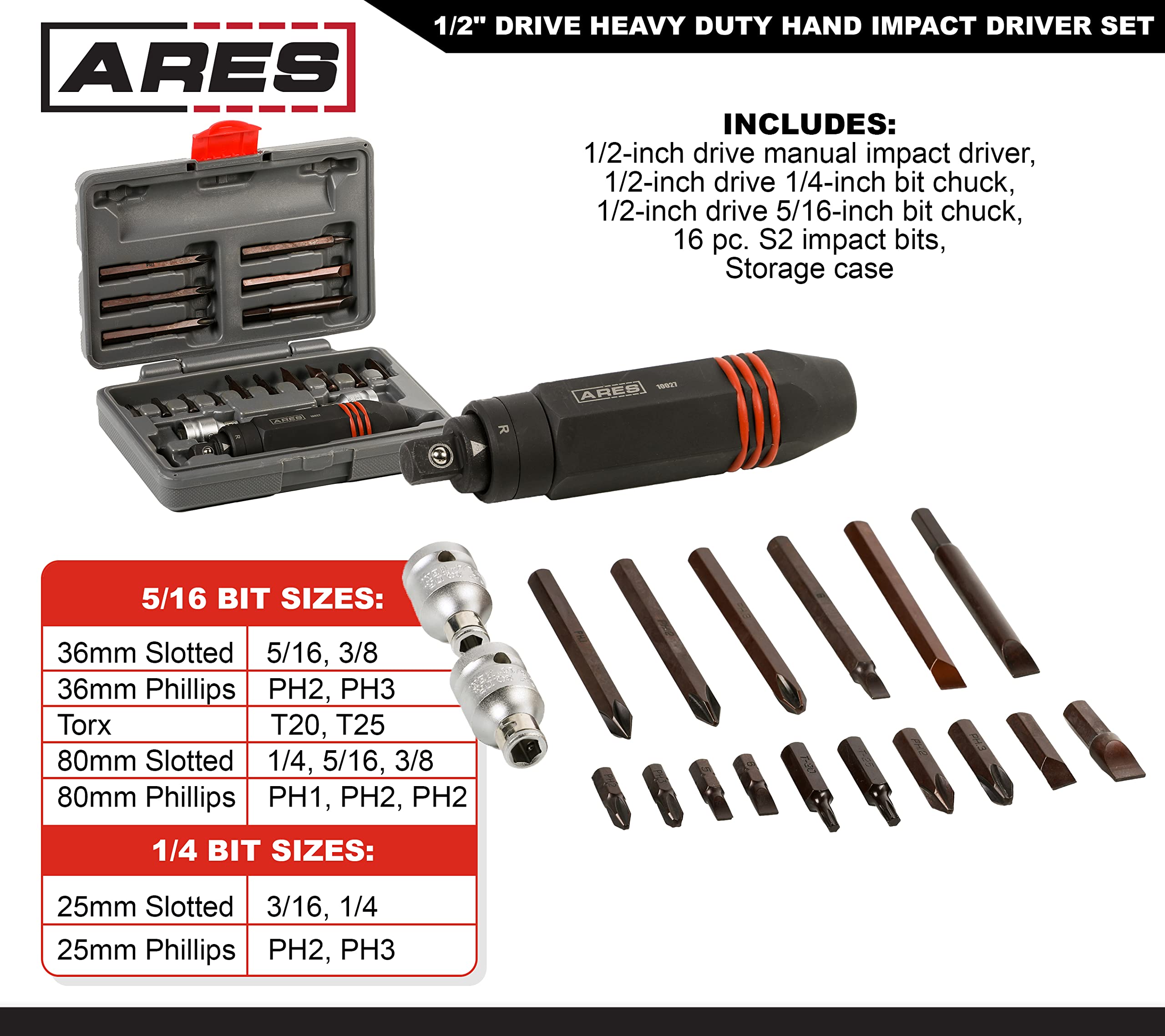 ARES 10027 – 1/2-Inch Drive Heavy Duty Hex Grip Impact Driver – 1/4-Inch & 5/16-Inch Bit Chucks – S2 Bits – Slotted 3/16, 1/4, 5/16, 3/8 Inch Bits – Phillips PH1, PH2, & PH3 Bits - T20, T25 Bits