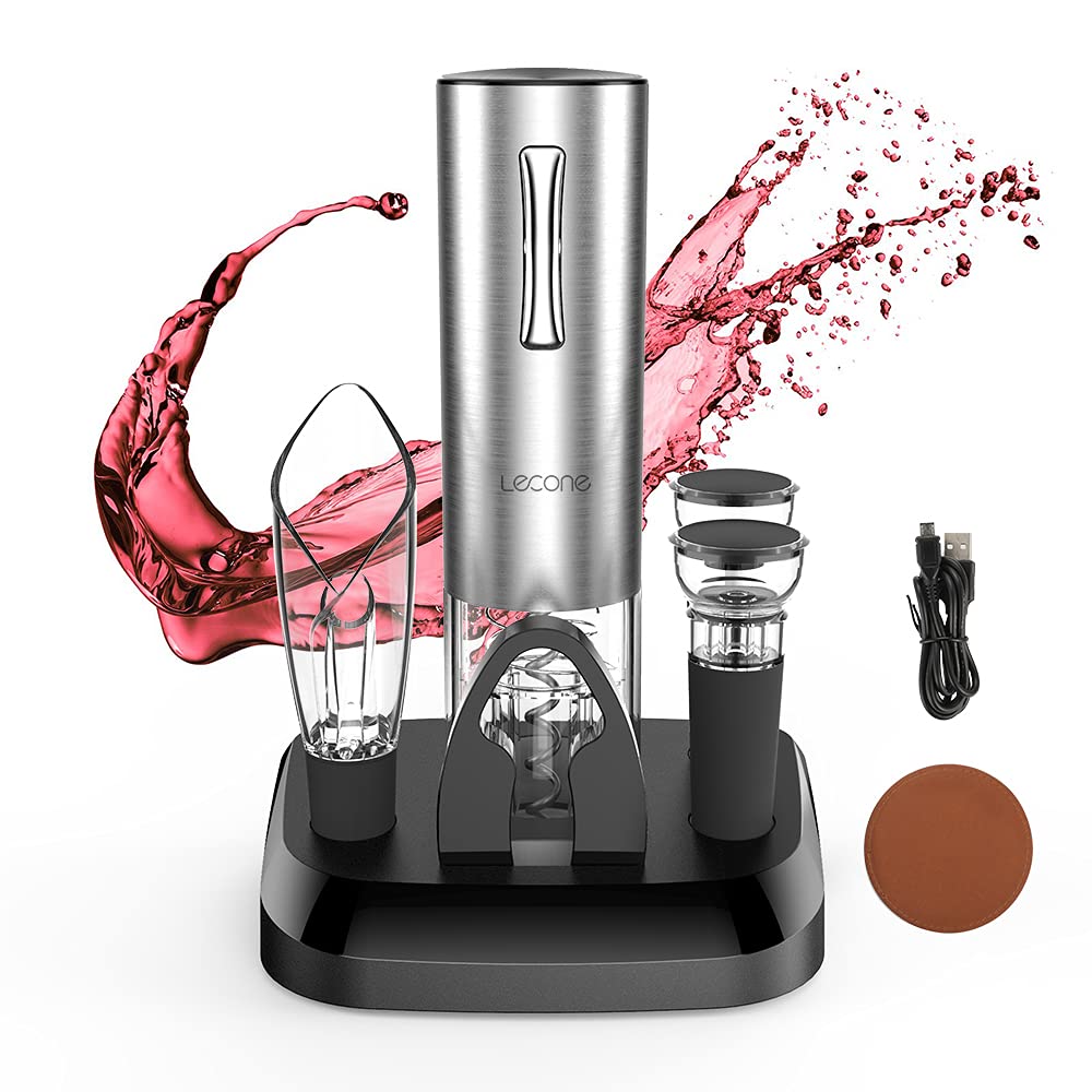 Electric Wine Bottle Opener, Lecone 8-in-1 Electric Wine Opener with Charging Base, Aerator & Pourer, Foil Cutter, 2 Vacuum Stoppers, Coaster & Ice Cubes, Stainless Steel Wine Opener Electric Gift Set