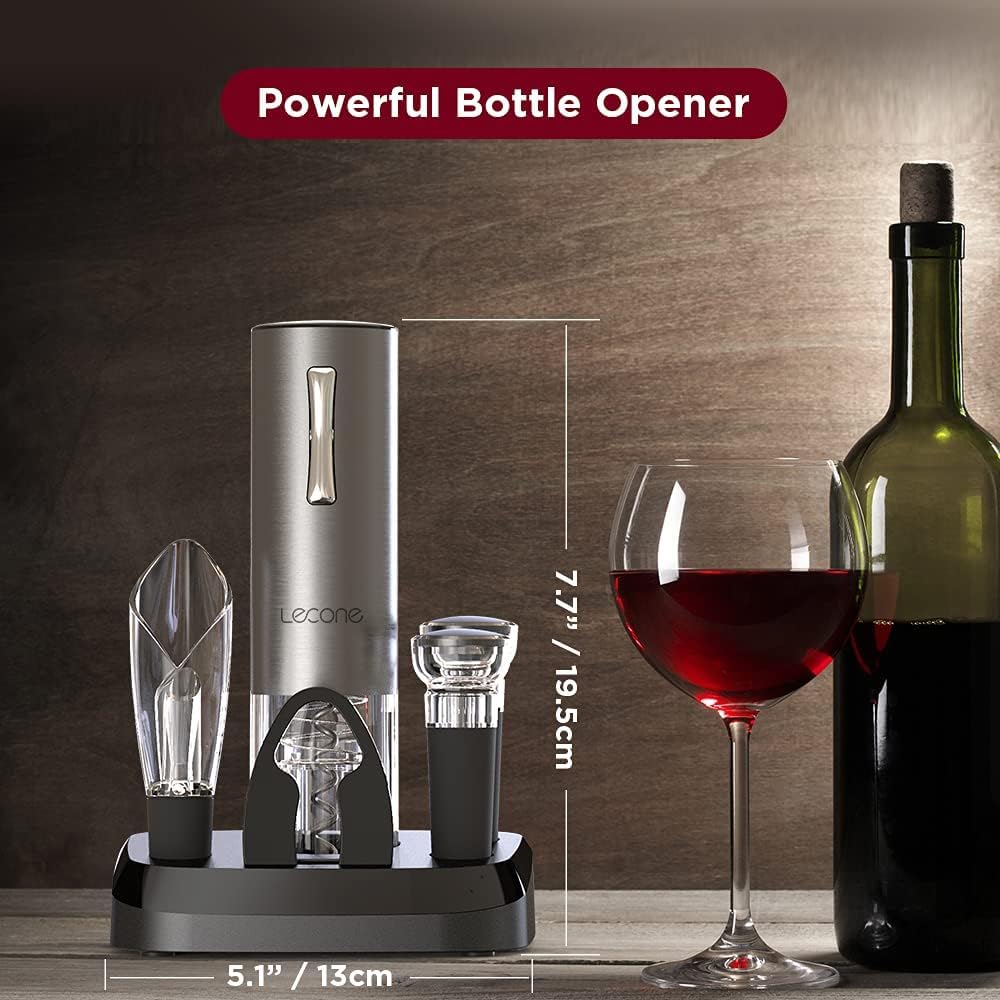 Electric Wine Bottle Opener, Lecone 8-in-1 Electric Wine Opener with Charging Base, Aerator & Pourer, Foil Cutter, 2 Vacuum Stoppers, Coaster & Ice Cubes, Stainless Steel Wine Opener Electric Gift Set