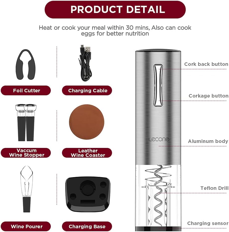 Electric Wine Bottle Opener, Lecone 8-in-1 Electric Wine Opener with Charging Base, Aerator & Pourer, Foil Cutter, 2 Vacuum Stoppers, Coaster & Ice Cubes, Stainless Steel Wine Opener Electric Gift Set