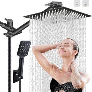 shower head, 10'' high pressure rainfall shower head with 3 settings handheld shower combo with 11''extension arm, anti-leak square rain shower head with 78'' hose/holder(matt black shower heads)