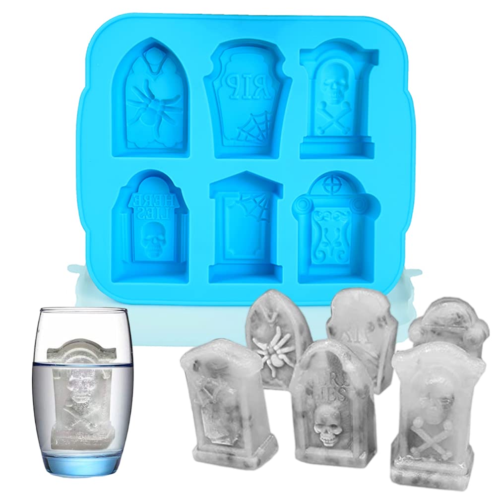 6 Grid 3D Tombstone Silicone Mold Halloween Skull Spider Gravestone RIP Mould Candy Fondant Mousse Cake Chocolate Popsicle Dessert Soap Wax Mold Ice Cube Trays