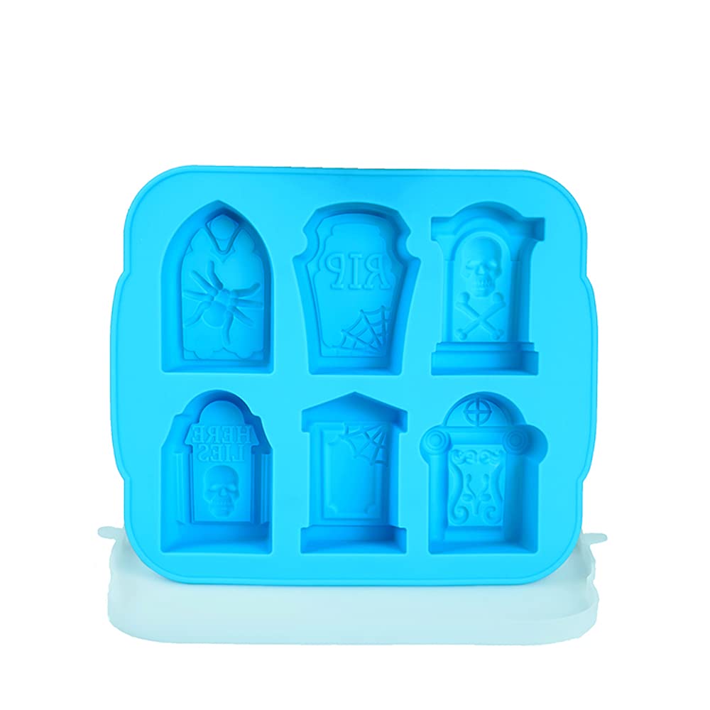 6 Grid 3D Tombstone Silicone Mold Halloween Skull Spider Gravestone RIP Mould Candy Fondant Mousse Cake Chocolate Popsicle Dessert Soap Wax Mold Ice Cube Trays