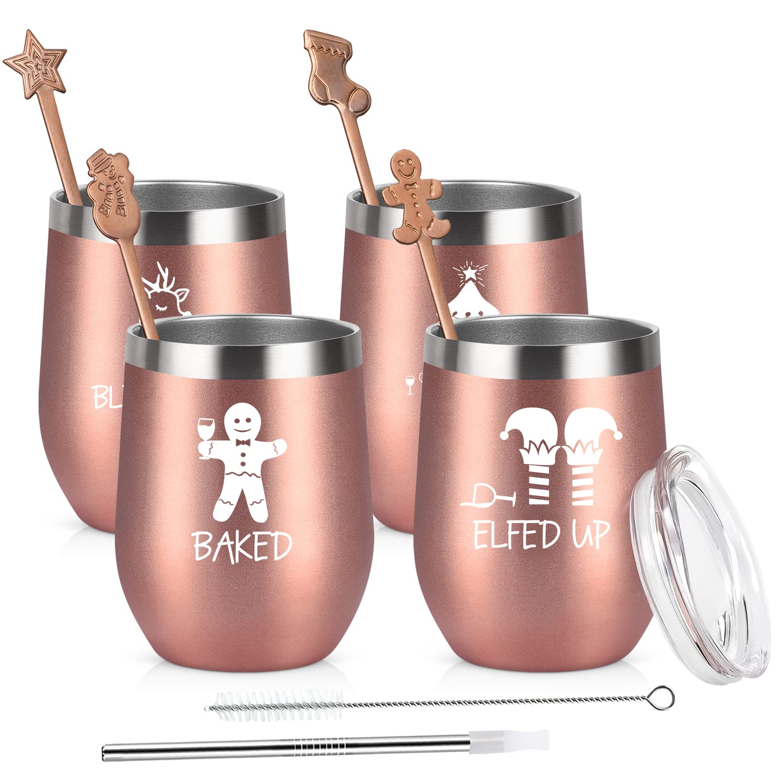 Qtencas Christmas Funny Wine Tumbler Set, 12 Oz Stainless Steel Wine Tumbler with Spoon for Women Friends Sisters Men, Gift Idea for Christmas Xmas Wedding Party, 4 Pack, Rose Gold