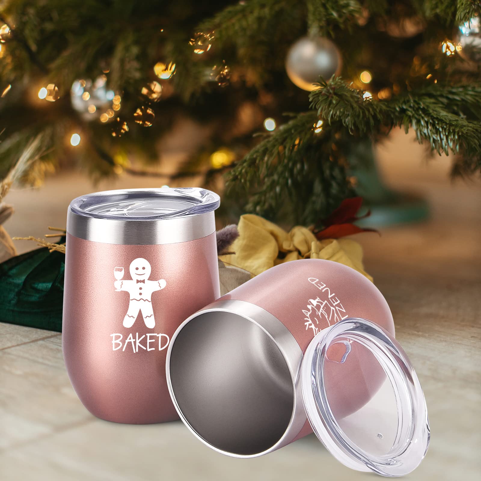 Qtencas Christmas Funny Wine Tumbler Set, 12 Oz Stainless Steel Wine Tumbler with Spoon for Women Friends Sisters Men, Gift Idea for Christmas Xmas Wedding Party, 4 Pack, Rose Gold