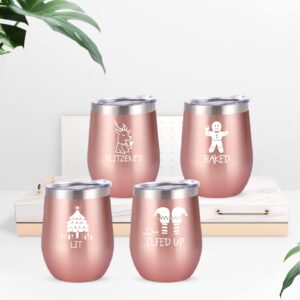 Qtencas Christmas Funny Wine Tumbler Set, 12 Oz Stainless Steel Wine Tumbler with Spoon for Women Friends Sisters Men, Gift Idea for Christmas Xmas Wedding Party, 4 Pack, Rose Gold