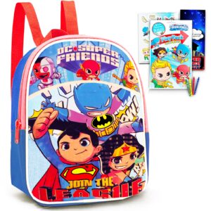 dc superhero mini backpack featuring batman, wonder woman, superman - 4 pc bundle with 11" superheroes preschool backpack for toddler boys and girls, stickers, and more