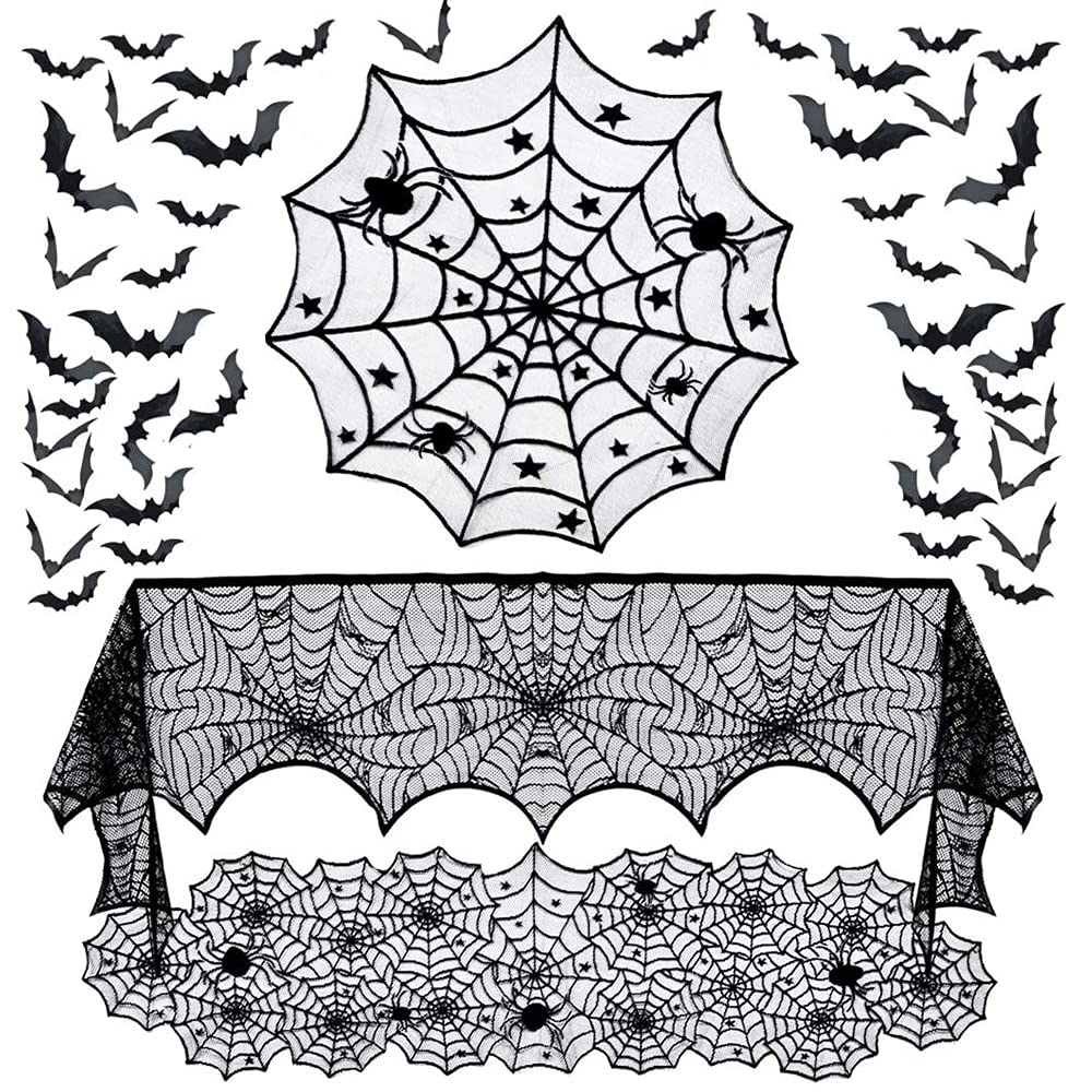 4 Pack Halloween Decorations Tablecloth Runner Black Lace Round Spider Cobweb Table Cover Fireplace Mantel Scarf Spiderweb with 60 Pcs 3D PVC Scary Black Bat Sticker Halloween Party Supplies