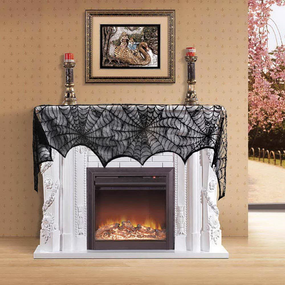 4 Pack Halloween Decorations Tablecloth Runner Black Lace Round Spider Cobweb Table Cover Fireplace Mantel Scarf Spiderweb with 60 Pcs 3D PVC Scary Black Bat Sticker Halloween Party Supplies