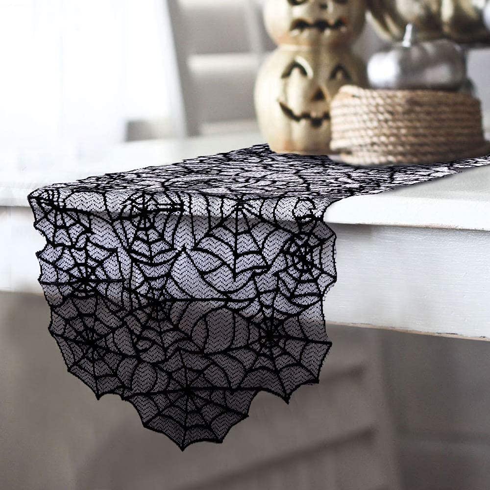 4 Pack Halloween Decorations Tablecloth Runner Black Lace Round Spider Cobweb Table Cover Fireplace Mantel Scarf Spiderweb with 60 Pcs 3D PVC Scary Black Bat Sticker Halloween Party Supplies