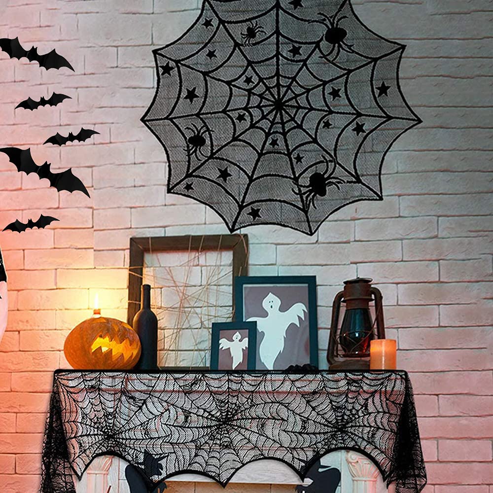 4 Pack Halloween Decorations Tablecloth Runner Black Lace Round Spider Cobweb Table Cover Fireplace Mantel Scarf Spiderweb with 60 Pcs 3D PVC Scary Black Bat Sticker Halloween Party Supplies