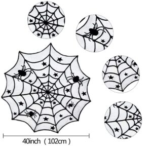 4 Pack Halloween Decorations Tablecloth Runner Black Lace Round Spider Cobweb Table Cover Fireplace Mantel Scarf Spiderweb with 60 Pcs 3D PVC Scary Black Bat Sticker Halloween Party Supplies