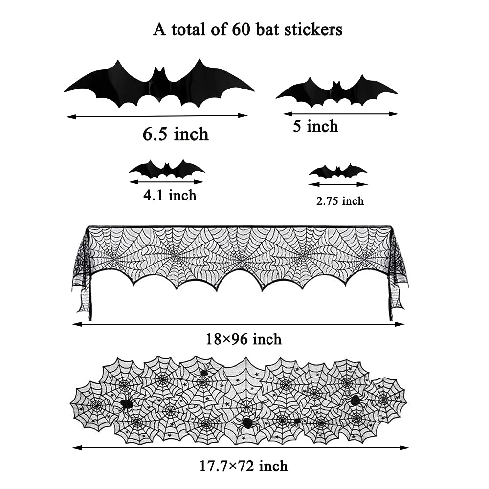 4 Pack Halloween Decorations Tablecloth Runner Black Lace Round Spider Cobweb Table Cover Fireplace Mantel Scarf Spiderweb with 60 Pcs 3D PVC Scary Black Bat Sticker Halloween Party Supplies