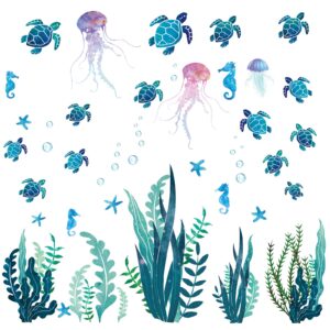 nuanchu 28 pcs under the sea wall decals glow in the dark sea turtle ocean grass seaweed jellyfish peel stick underwater wall decoration for kids bedroom bathroom toilet (vivid style)