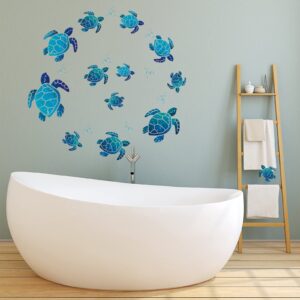 Nuanchu 28 Pcs Under The Sea Wall Decals Glow in The Dark Sea Turtle Ocean Grass Seaweed Jellyfish Peel Stick Underwater Wall Decoration for Kids Bedroom Bathroom Toilet (Vivid Style)