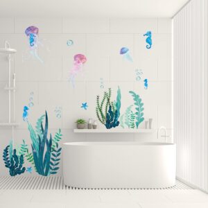 Nuanchu 28 Pcs Under The Sea Wall Decals Glow in The Dark Sea Turtle Ocean Grass Seaweed Jellyfish Peel Stick Underwater Wall Decoration for Kids Bedroom Bathroom Toilet (Vivid Style)