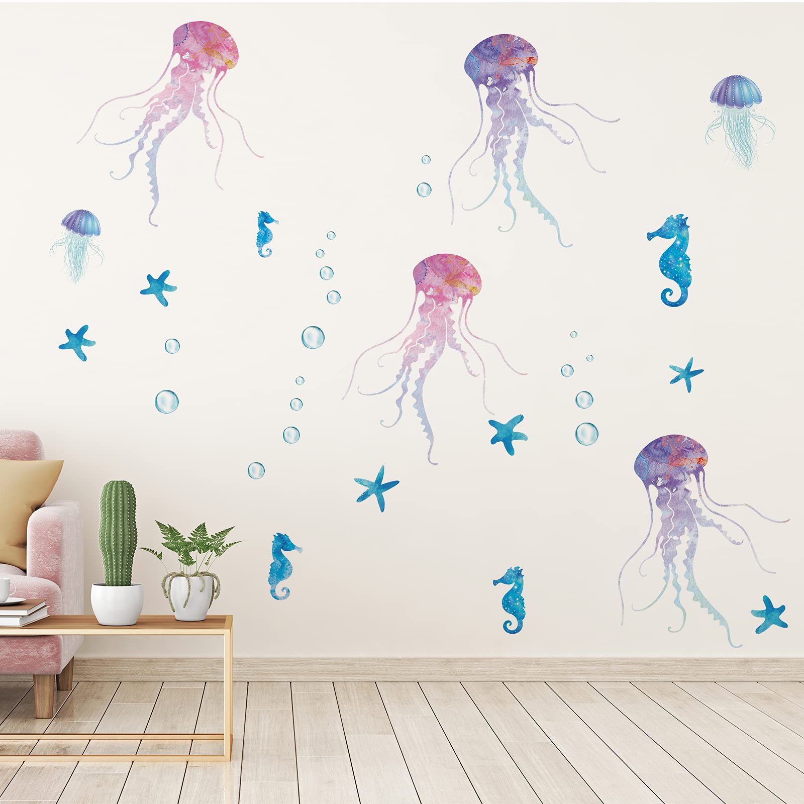 Nuanchu 28 Pcs Under The Sea Wall Decals Glow in The Dark Sea Turtle Ocean Grass Seaweed Jellyfish Peel Stick Underwater Wall Decoration for Kids Bedroom Bathroom Toilet (Vivid Style)