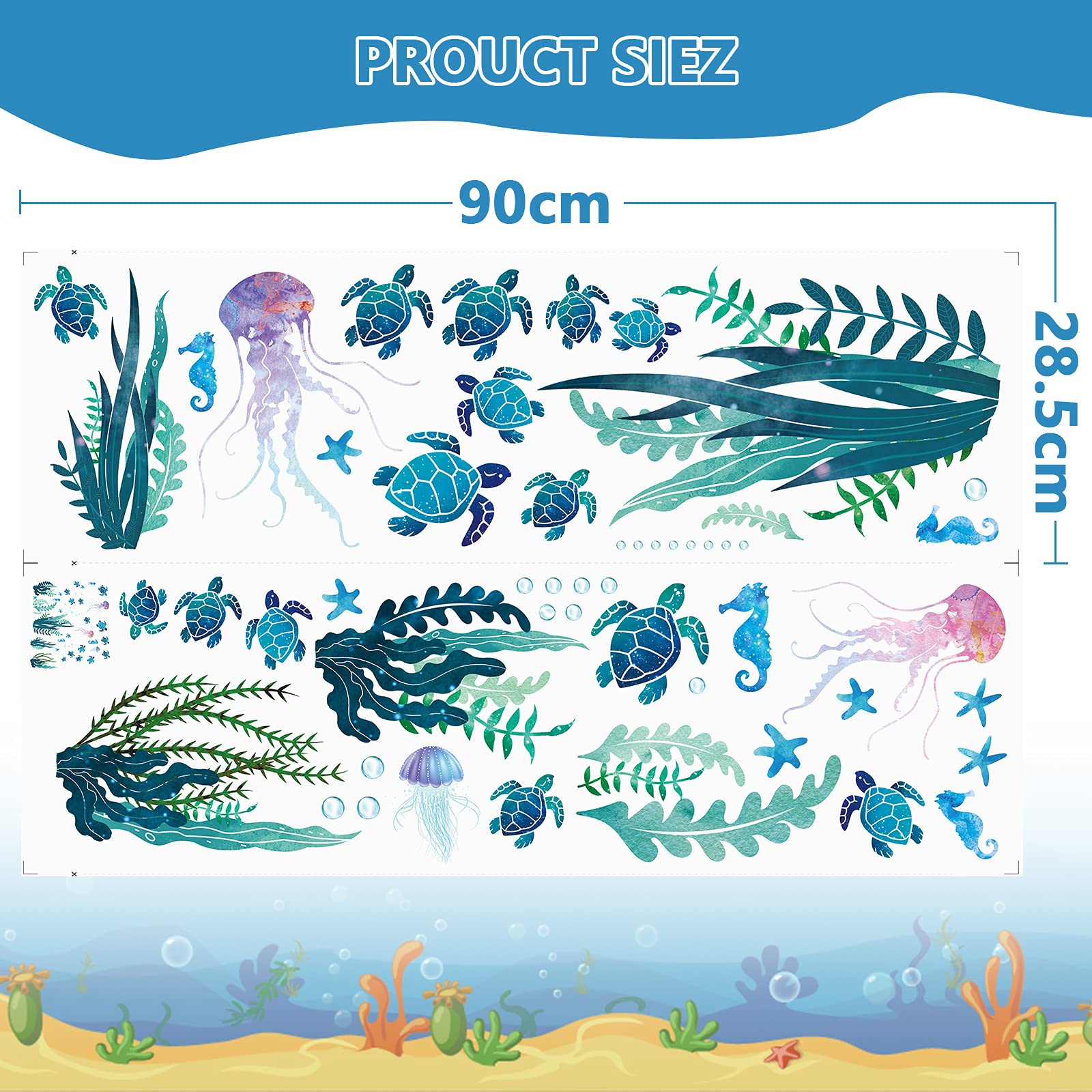 Nuanchu 28 Pcs Under The Sea Wall Decals Glow in The Dark Sea Turtle Ocean Grass Seaweed Jellyfish Peel Stick Underwater Wall Decoration for Kids Bedroom Bathroom Toilet (Vivid Style)