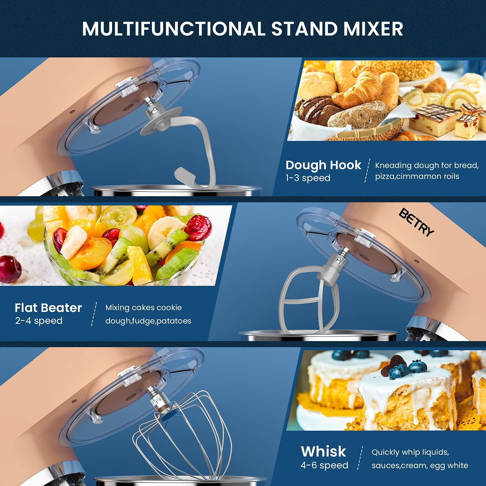 Stand Mixer 660w 6-Speed Food Mixer 7.5 QT Kitchen Electric Mixer Tilt-Head Dough Mixer with Dishwasher-Safe Dough Hooks,Beaters,Whisk & Stainless Steel Bowl