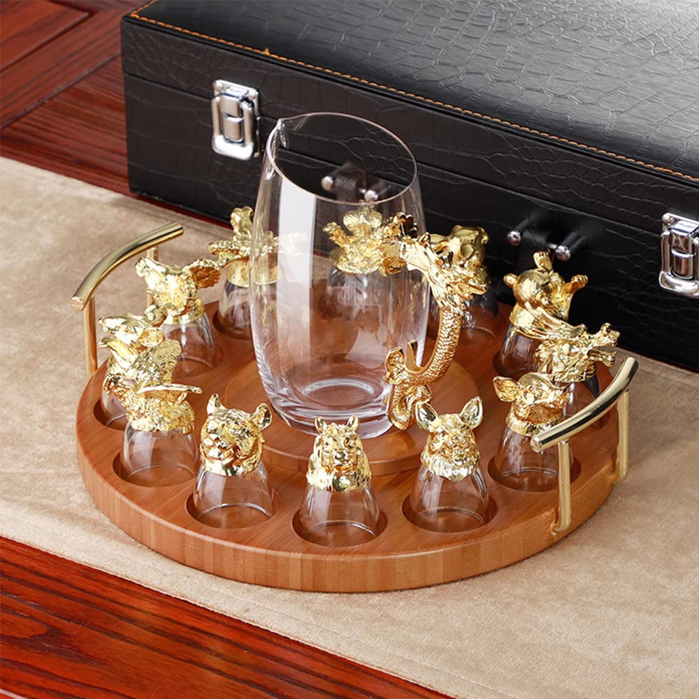 YingXue Chinese Zodiac Whiskey Glasses Set of 12 and Dragon Handle Wine Splitter Set, Crystal Glass Whiskey Liquor Cups, Zodiac Animal Head Triangular Stability Cup Base Holder, PU Suitcase Packed