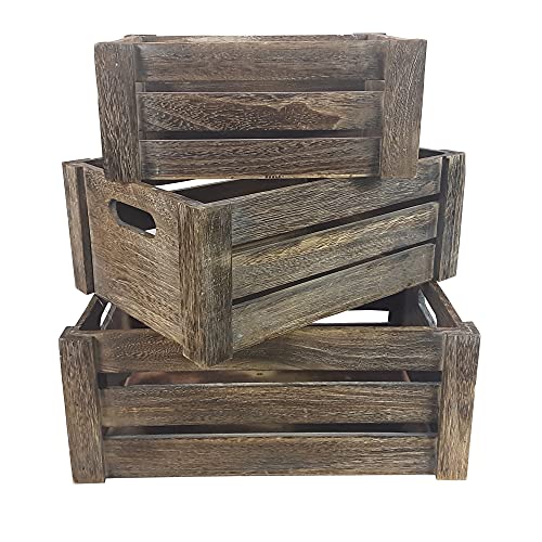 Admired By Nature Wooden Crates Storage Container, Rustic Light Brown Set of 3, Farmhouse Style Decorative Baskets for Home Decor, Rustic Decor, Nesting Stackable Organizers, Distressed Wood Crates