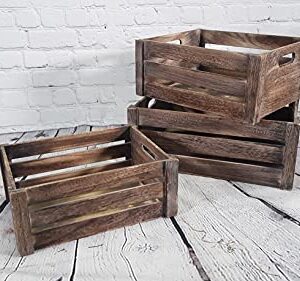 Admired By Nature Wooden Crates Storage Container, Rustic Light Brown Set of 3, Farmhouse Style Decorative Baskets for Home Decor, Rustic Decor, Nesting Stackable Organizers, Distressed Wood Crates