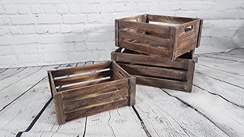 Admired By Nature Wooden Crates Storage Container, Rustic Light Brown Set of 3, Farmhouse Style Decorative Baskets for Home Decor, Rustic Decor, Nesting Stackable Organizers, Distressed Wood Crates