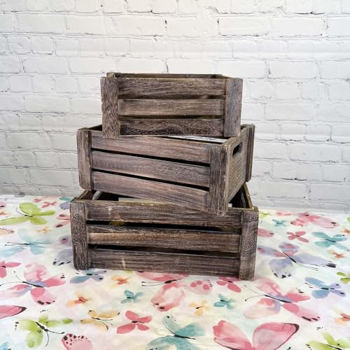 Admired By Nature Wooden Crates Storage Container, Rustic Light Brown Set of 3, Farmhouse Style Decorative Baskets for Home Decor, Rustic Decor, Nesting Stackable Organizers, Distressed Wood Crates