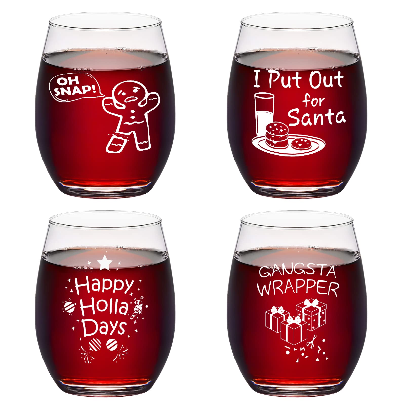 Futtumy Christmas Themed Stemless Wine Glass Set of 4, Funny Wine Gift for Men Women Family Friend Coworker, Christmas Gift Gag Gift White Elephant Gift Exchange Gift, 15oz