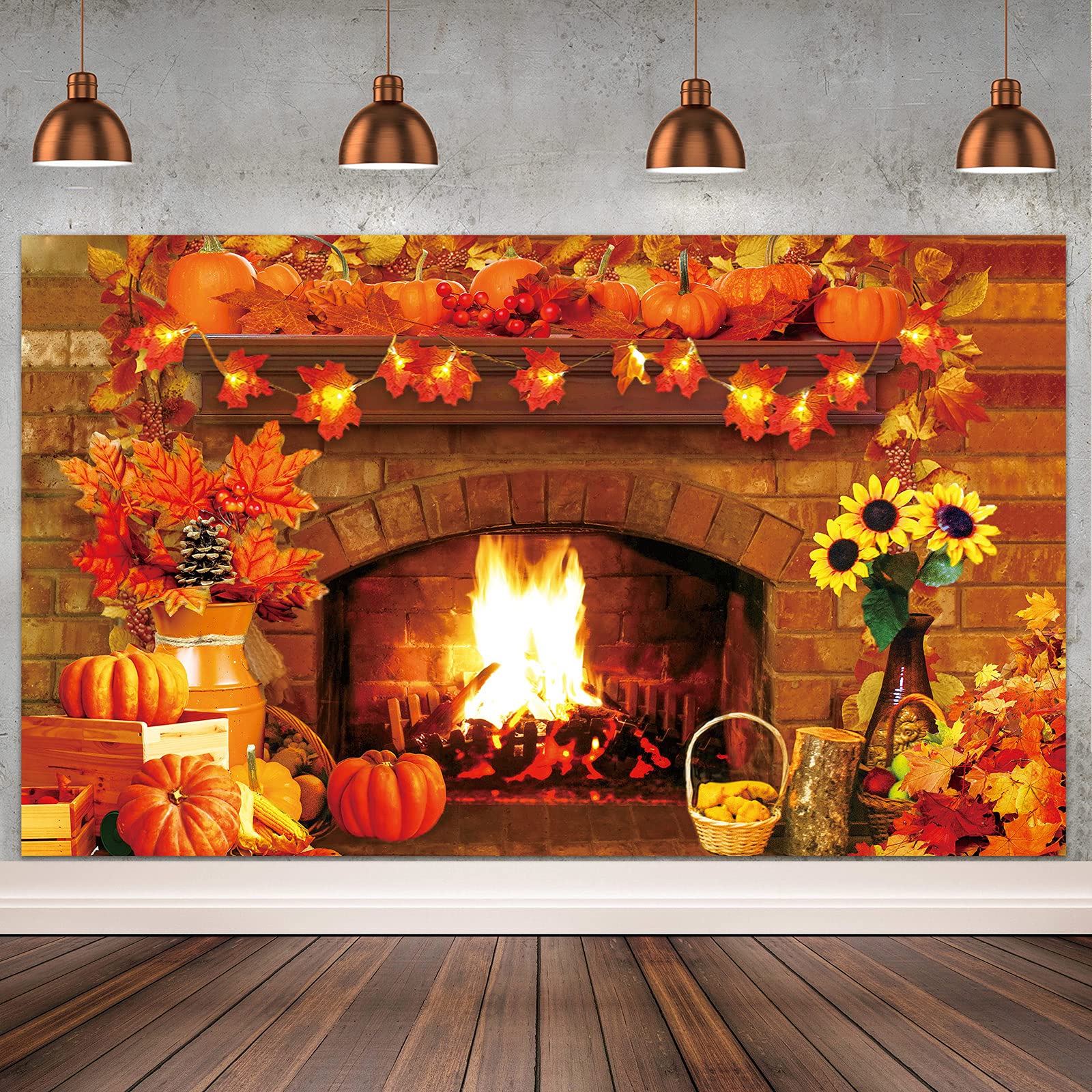 Fall Thanksgiving Decoration Thanksgiving Fireplace Backdrop Autumn Harvest Pumpkin Background Thanksgiving Day Maple Leaf Sunflower Banner for Thanksgiving Fall Birthday Party Photo Props Supplies