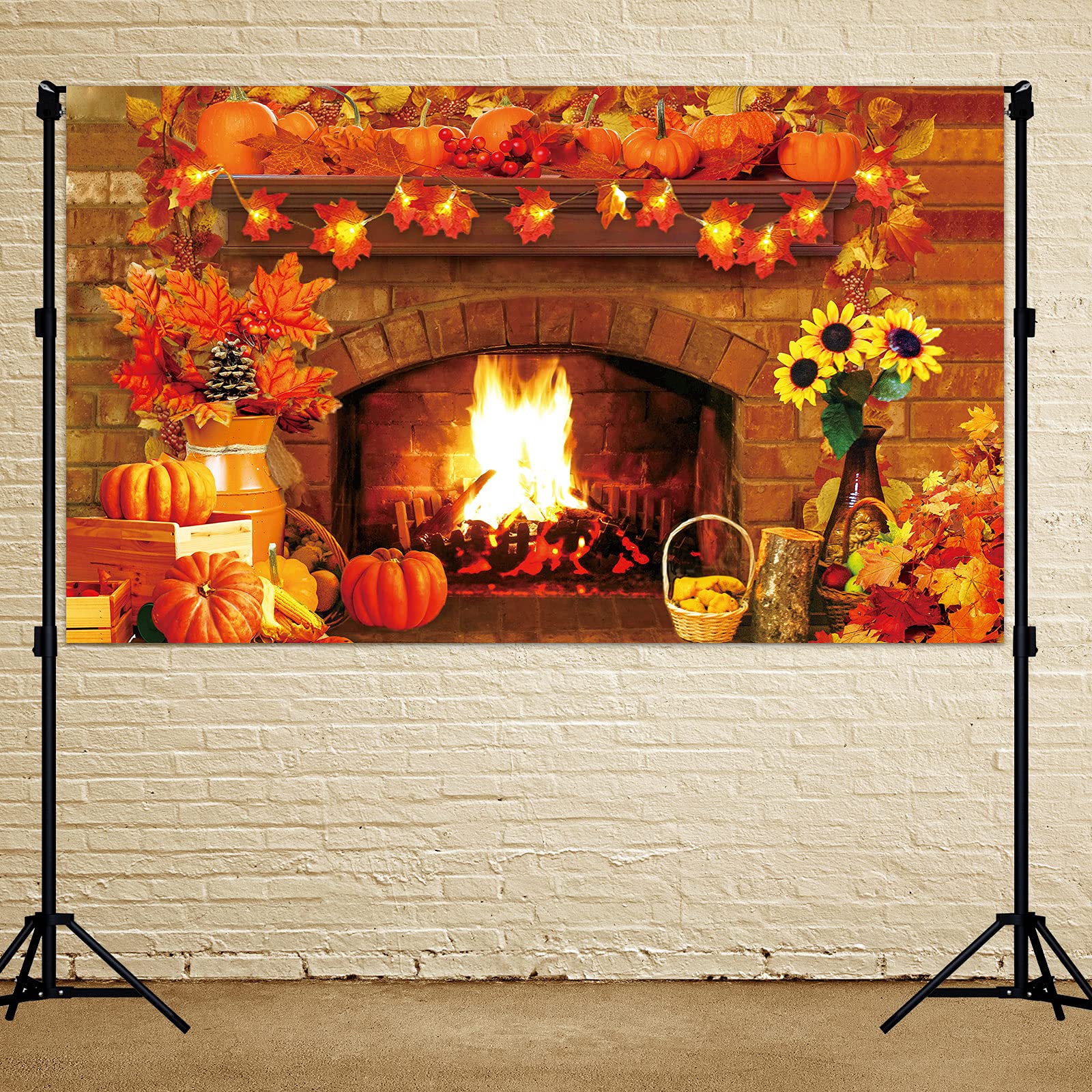 Fall Thanksgiving Decoration Thanksgiving Fireplace Backdrop Autumn Harvest Pumpkin Background Thanksgiving Day Maple Leaf Sunflower Banner for Thanksgiving Fall Birthday Party Photo Props Supplies