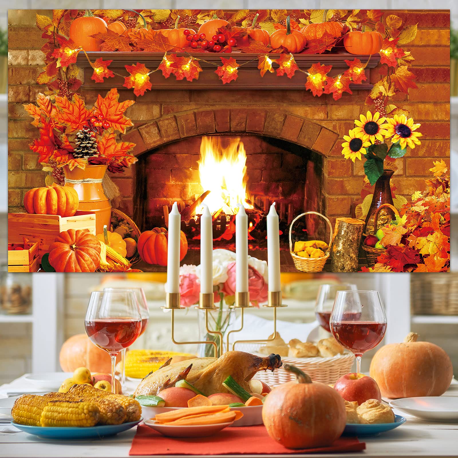 Fall Thanksgiving Decoration Thanksgiving Fireplace Backdrop Autumn Harvest Pumpkin Background Thanksgiving Day Maple Leaf Sunflower Banner for Thanksgiving Fall Birthday Party Photo Props Supplies