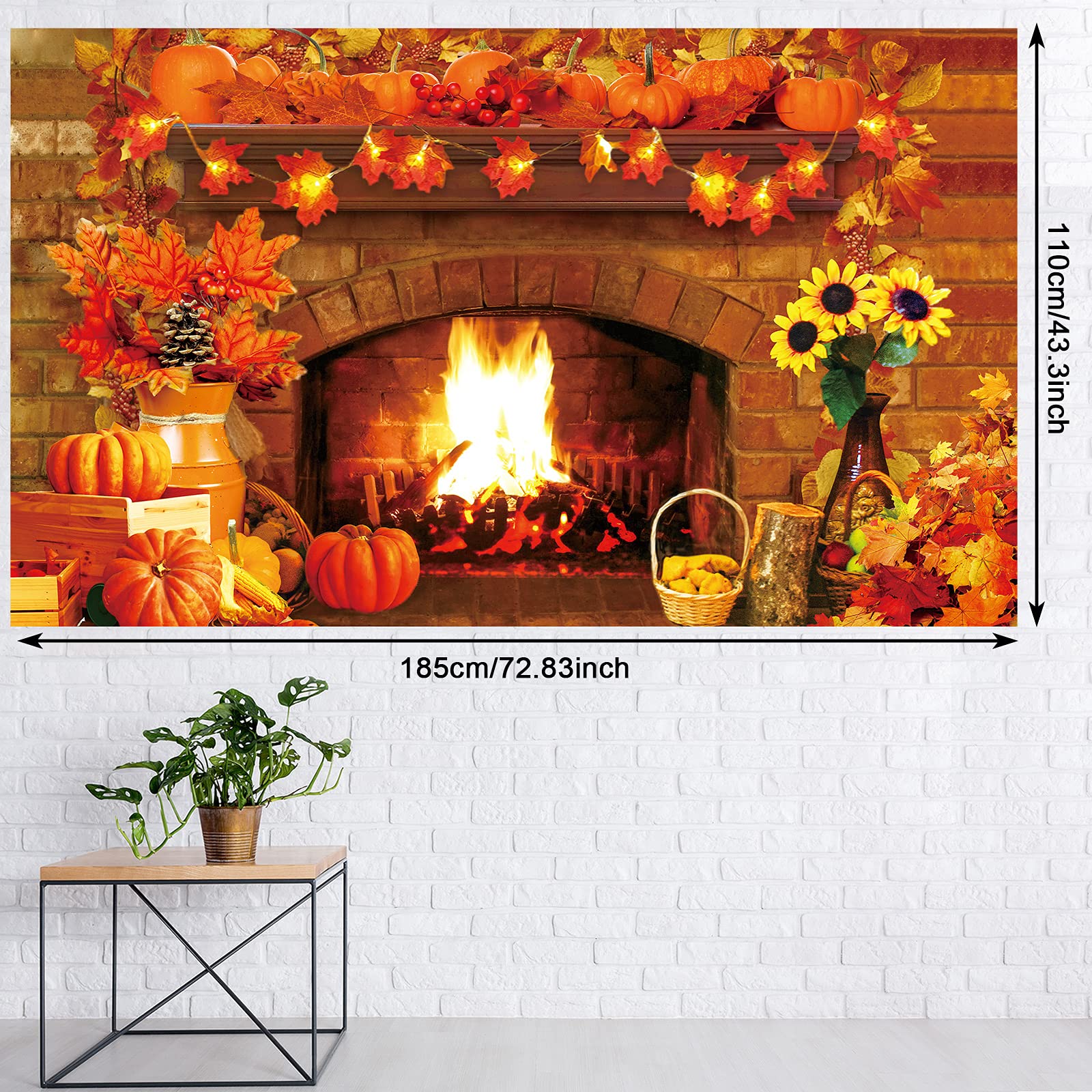 Fall Thanksgiving Decoration Thanksgiving Fireplace Backdrop Autumn Harvest Pumpkin Background Thanksgiving Day Maple Leaf Sunflower Banner for Thanksgiving Fall Birthday Party Photo Props Supplies