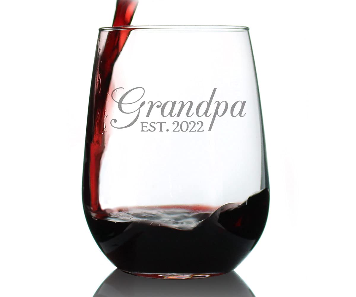 Grandpa Est 2022 - New Grandfather Stemless Wine Glass Gift for First Time Grandparents - Decorative 17 Oz Large Glasses