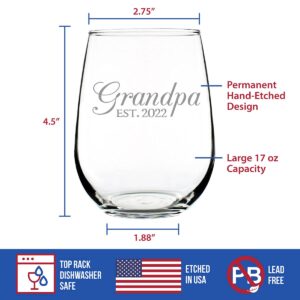 Grandpa Est 2022 - New Grandfather Stemless Wine Glass Gift for First Time Grandparents - Decorative 17 Oz Large Glasses